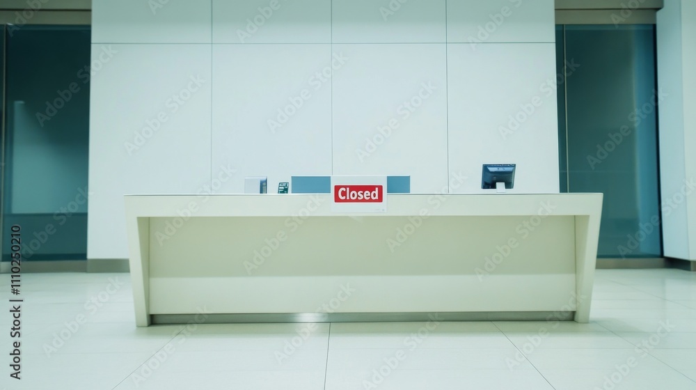 Closed airport counter with empty chairs and a sign indicating no ...
