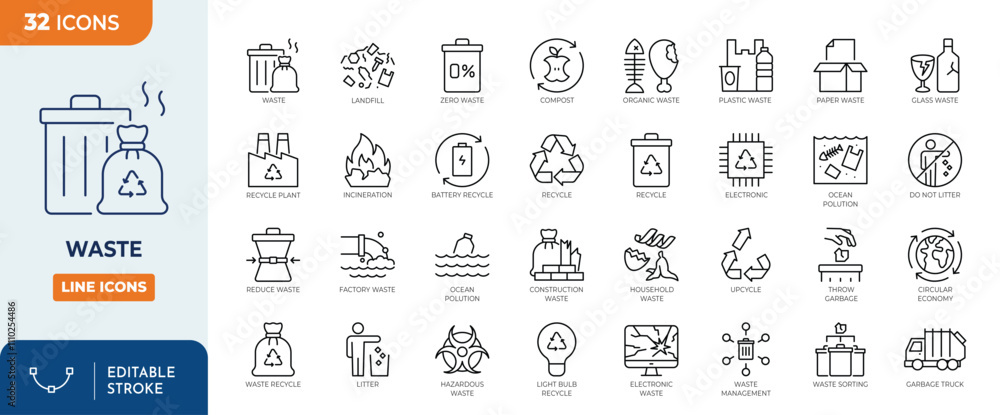 Waste line editable icon set. Containing trash, recycling, litter ...