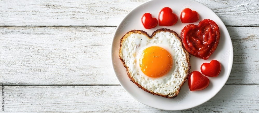 Heart shaped breakfast with fried egg grape tomatoes and ketchup on ...