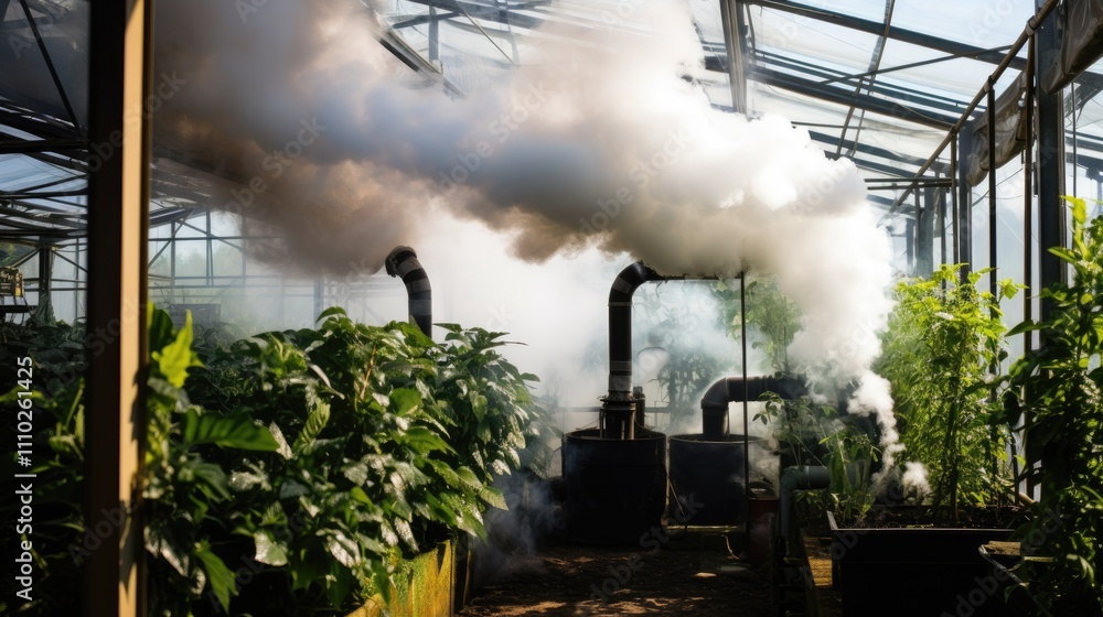 Industrial greenhouse with smoke emissions highlighting environmental ...