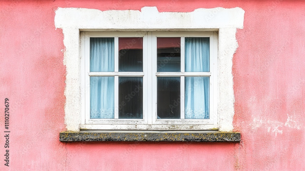 Deteriorating wall with water damage and stains framing a window in a ...
