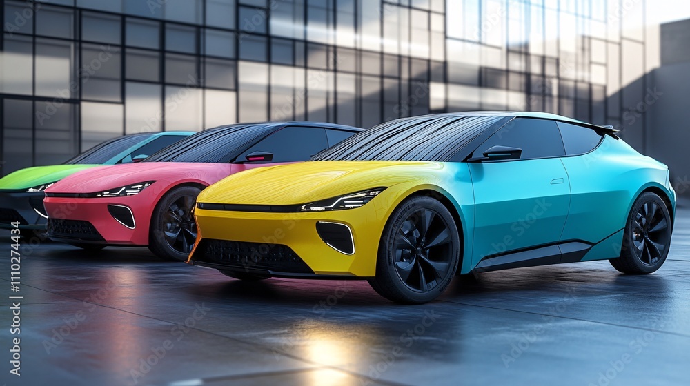 10.A set of 3D renders featuring realistic, colored hatchback cars ...