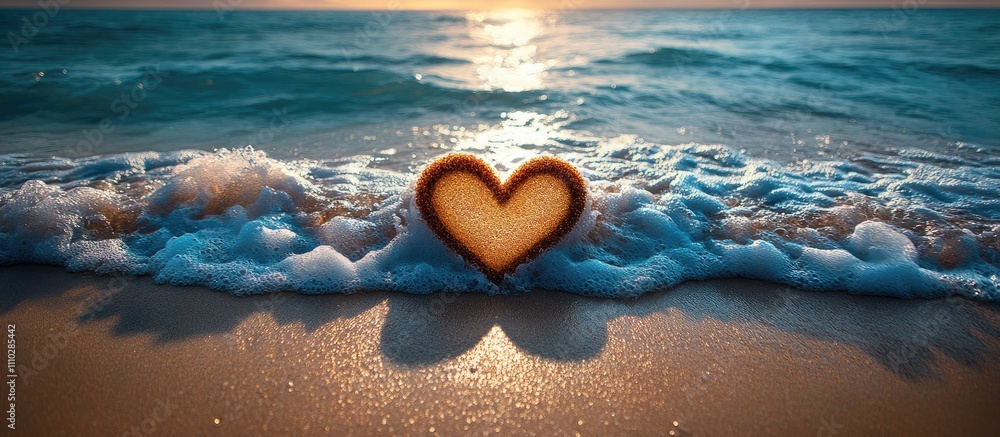 Heart shape symbol in golden sand at the beach with gentle waves and a ...