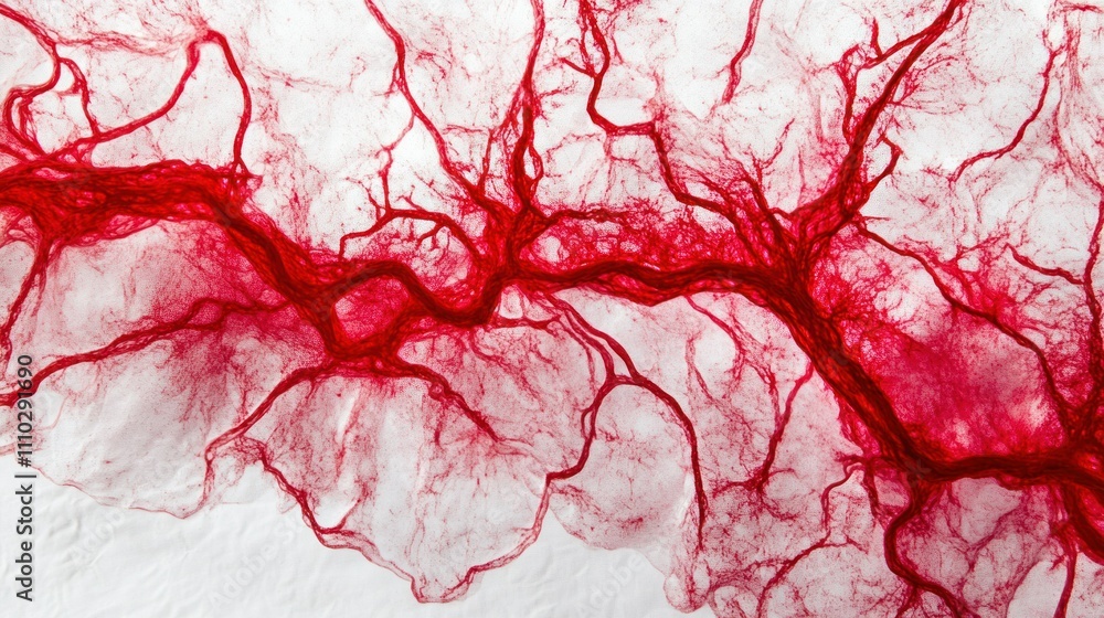 Microscopic view of blood vessels, capillaries branching on a plain ...