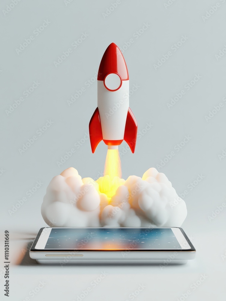 Start up concept with abstract rocket launching from tablet screen on ...