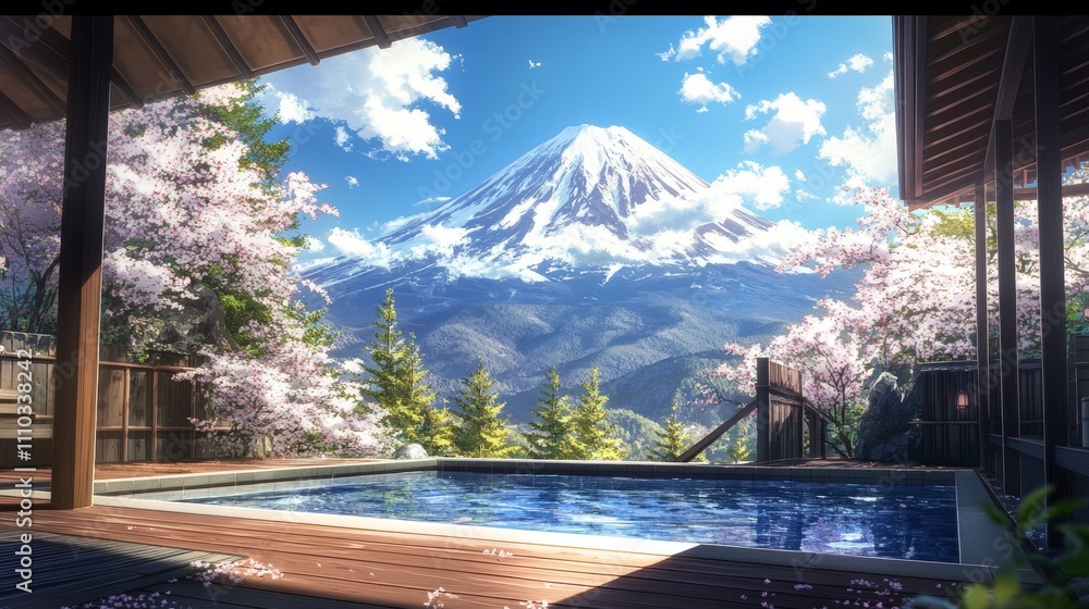 A digital anime illustration of a traditional Japanese hot spring ...