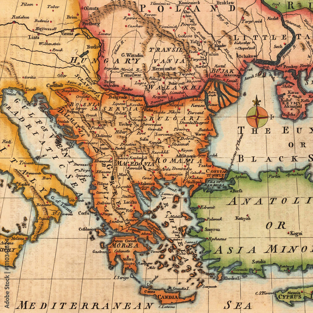 Historical map of the Balkan Peninsula, showcasing detailed geography ...