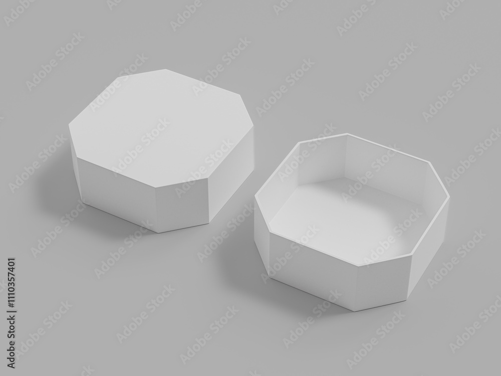 Open lid white octagon paper box display on clean background, empty ...
