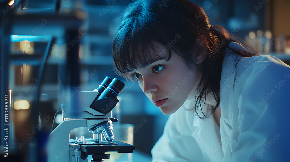 professional modern laboratory female scientist examining sample ...
