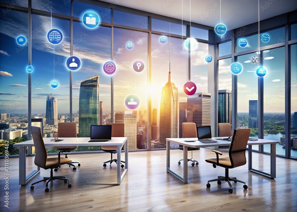 Panoramic View of a Modern Office Environment Featuring Clickable Stock ...