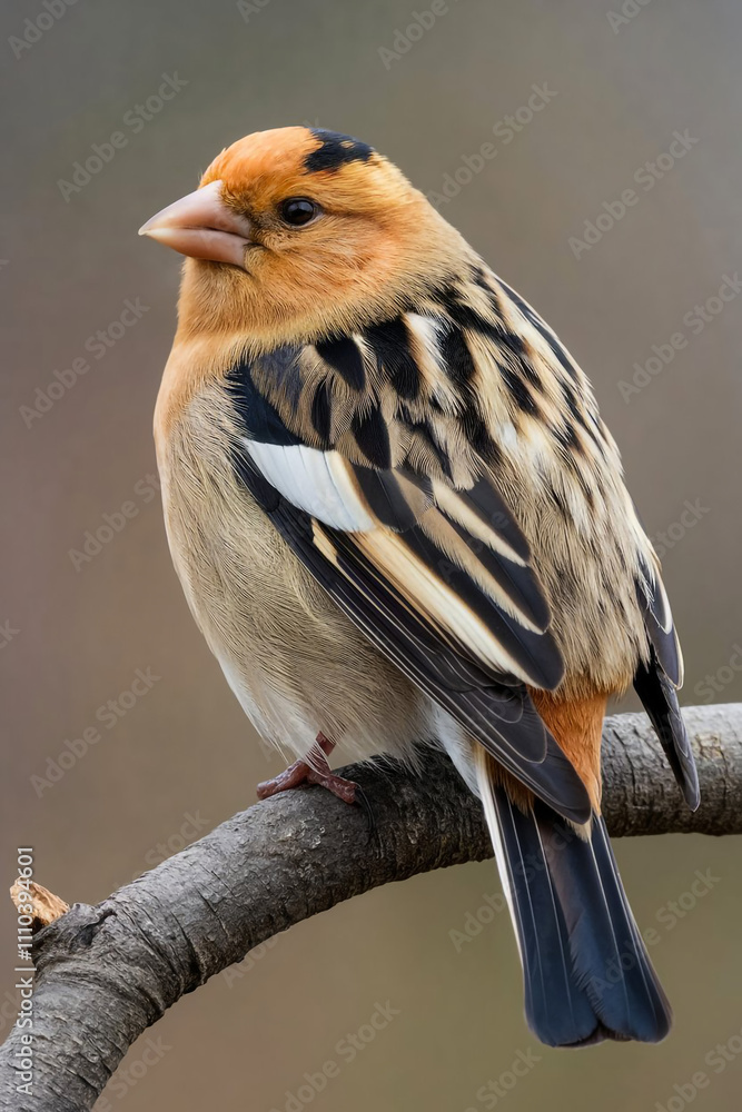 Adult common chaffinch perching on thin branch with blurred blue ...