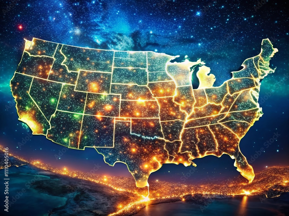 Stunning Night Photography of the USA Map Highlighting Major Cities ...