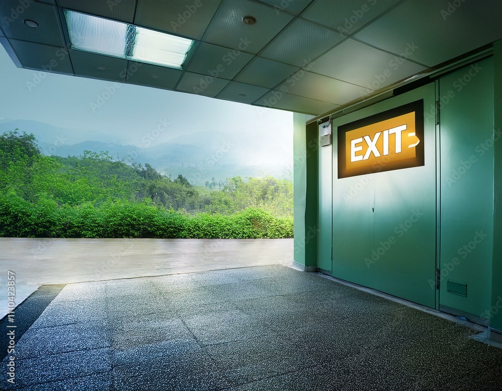 Exit sign at the exit - way out. Airport, garage, life, every place ...