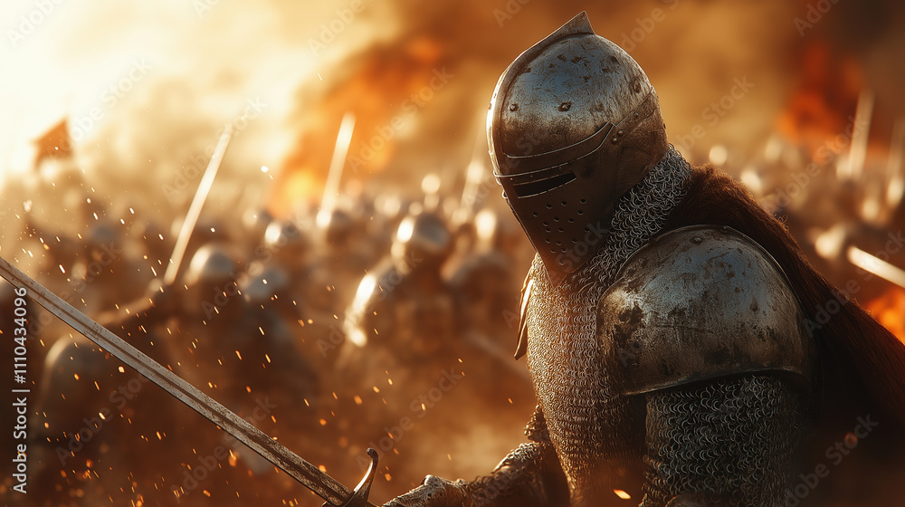 Medieval knight in battle armor amidst fiery battlefield with swords ...