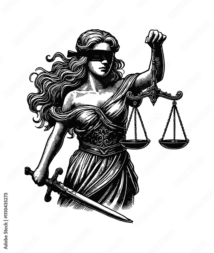 Lady Justice in a frontal pose, blindfolded, holding scales in one hand ...