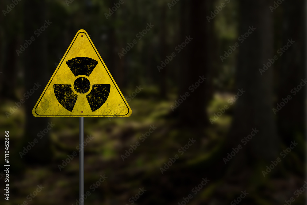Nuclear radioactive danger sign in forest in Chernobyl exclusion zone ...