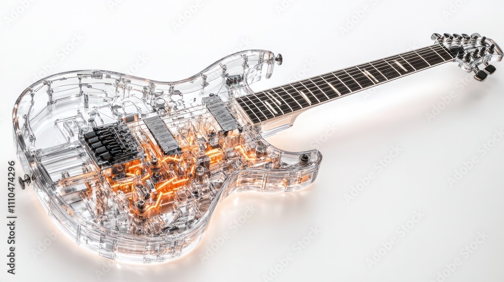 guitar with a transparent body, revealing complex internal structures ...