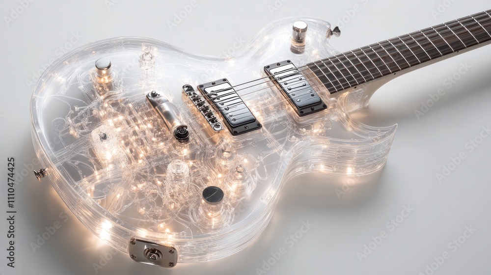 guitar with a transparent body, revealing complex internal structures ...
