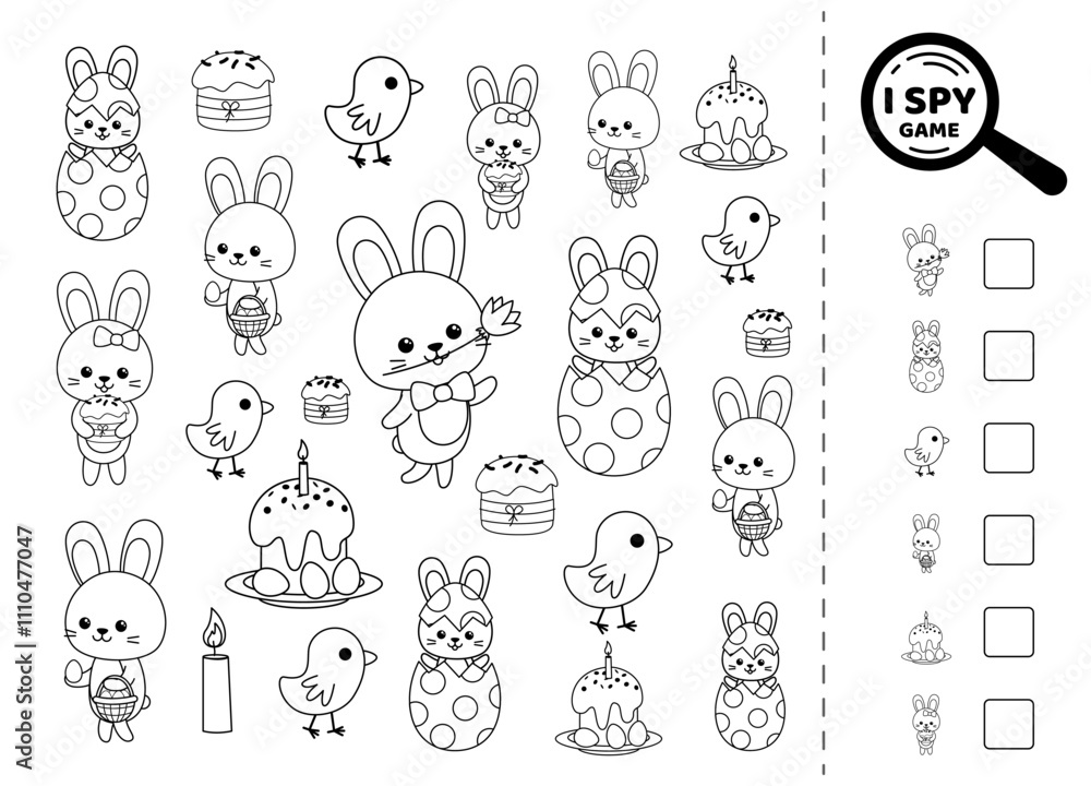 I spy black and white game for kids with cute hares. Search and count ...