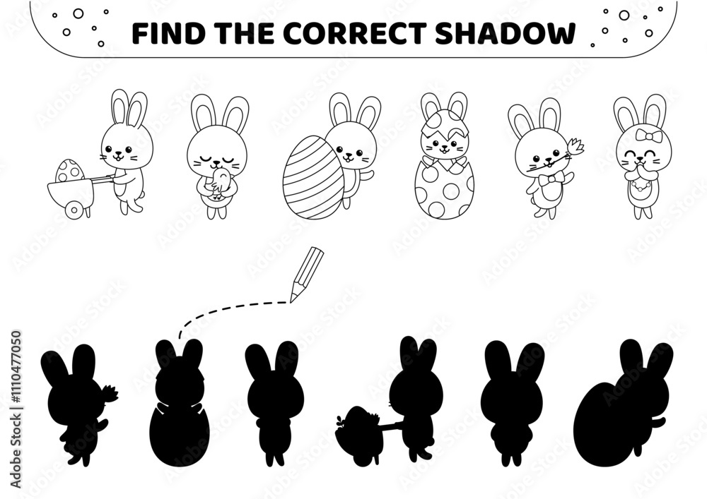 Find the correct shadow. Black and white. Easter eggs and hares ...