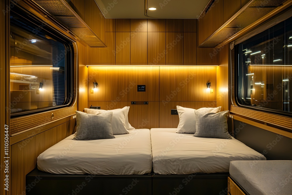 Contemporary train sleeper cabin with refined finishes and modern ...