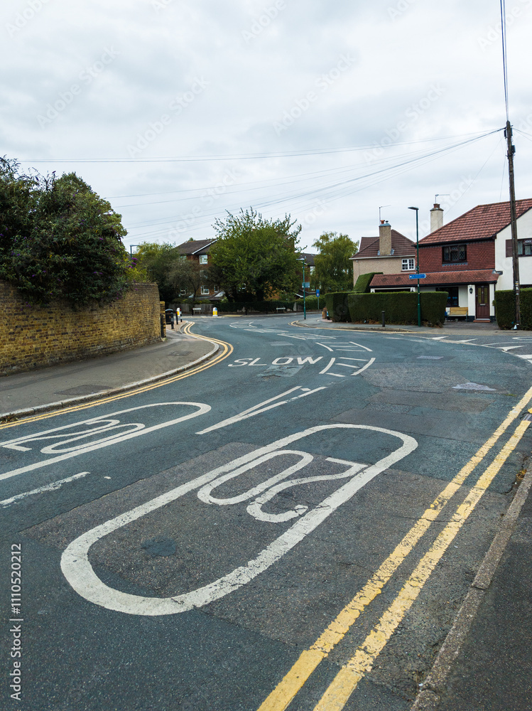 Residential Street with Road Markings and Speed Limit Signs in a Quiet ...