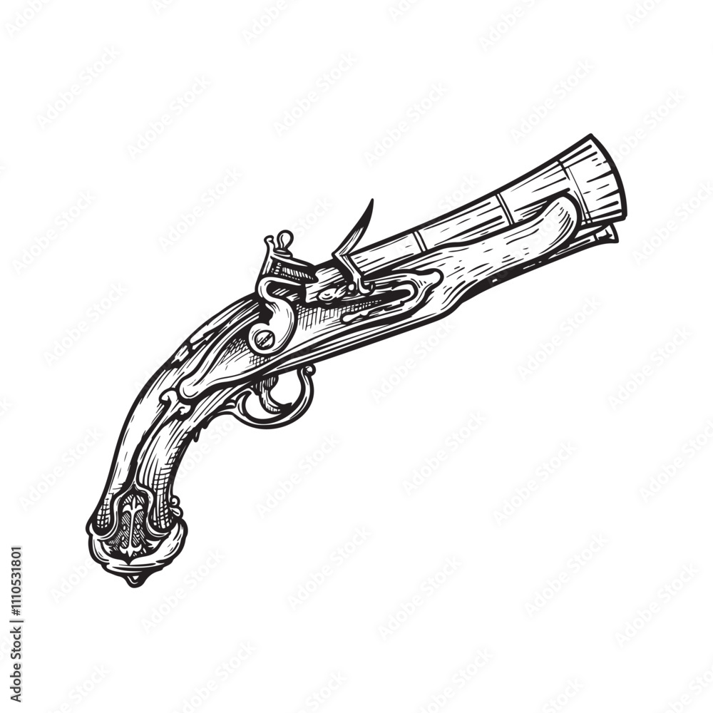 Hand drawn musket pistol with wooden grip. Flintlock gun in retro ...