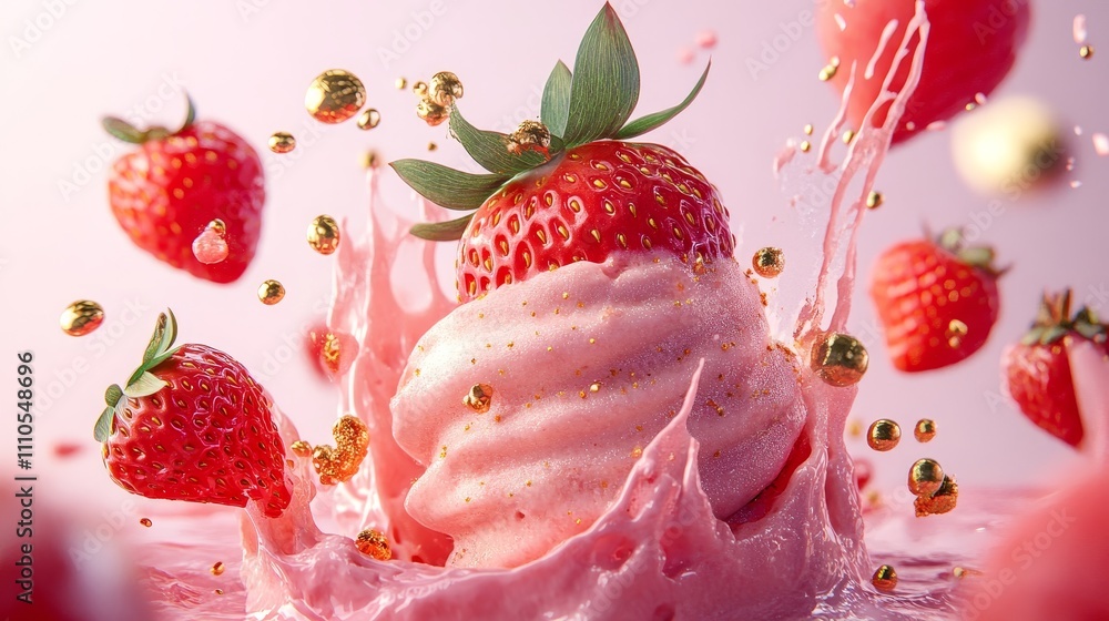 surreal strawberry fusion, half gelato half fruit, green leaf crown ...
