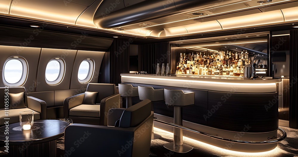 Elegant private jet bar area with modern furniture, soft lighting, and ...