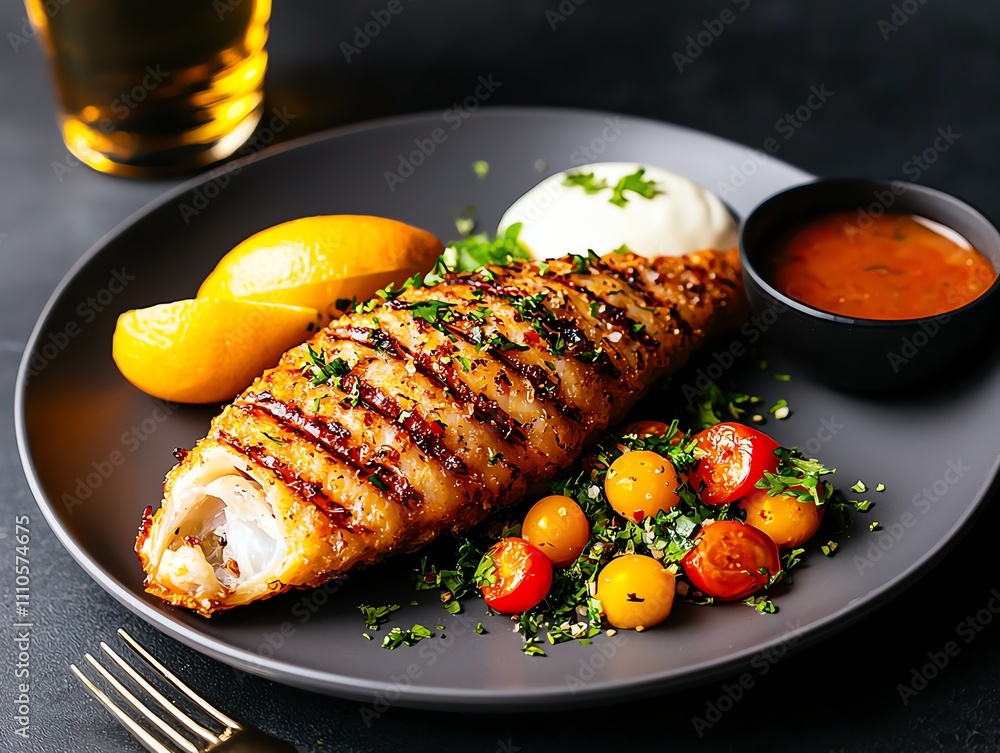 Filipino rellenong bangus, stuffed milkfish, plated with vegetables and ...