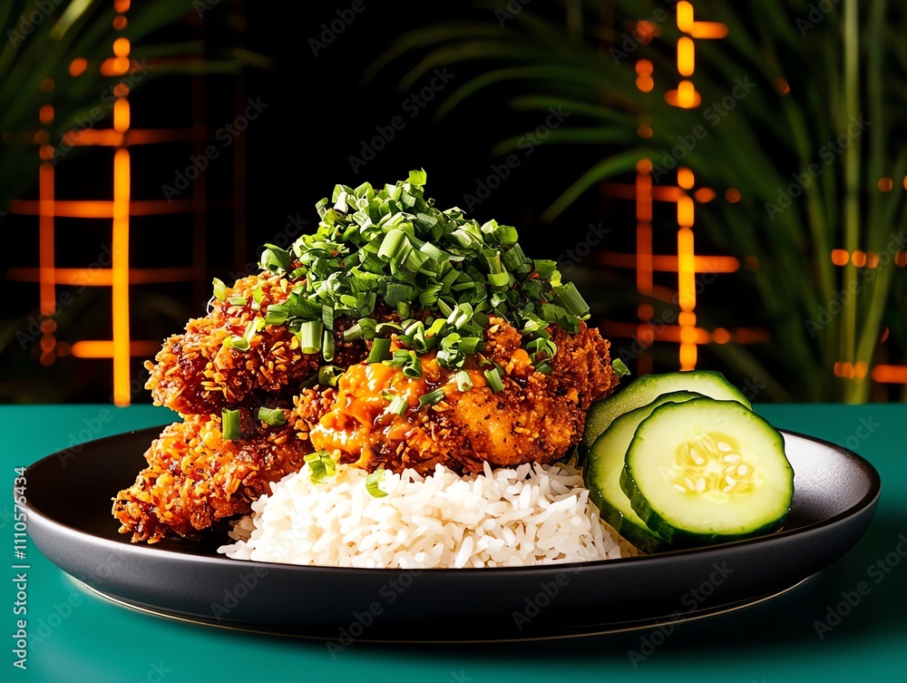 Indonesian ayam penyet, smashed fried chicken with sambal, cucumber ...