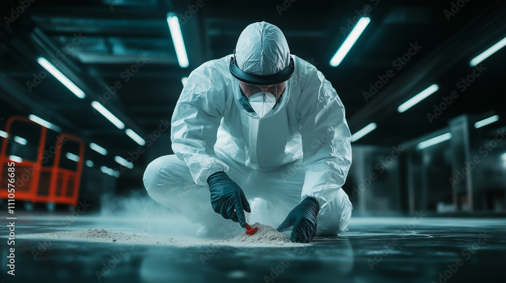 A technician in full hazmat gear and face shield kneeling on the ground ...