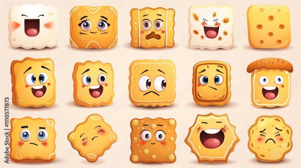 Cartoon characters of crackers, featuring cute cookies with various ...