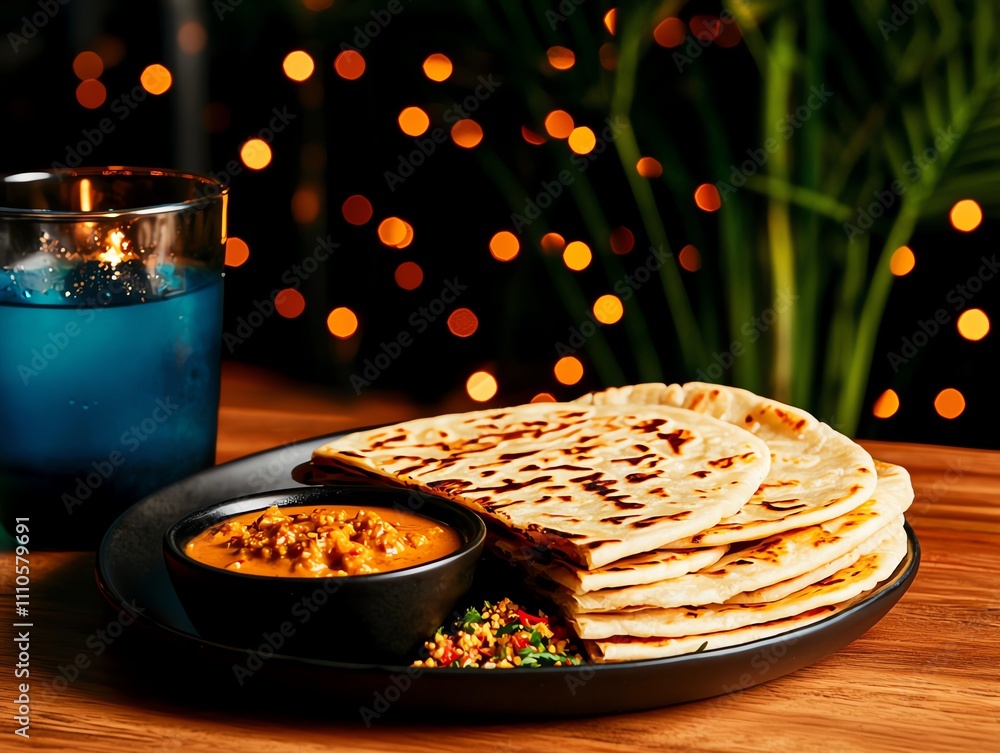 Malaysian roti canai with curry dipping sauce, golden flaky bread ...