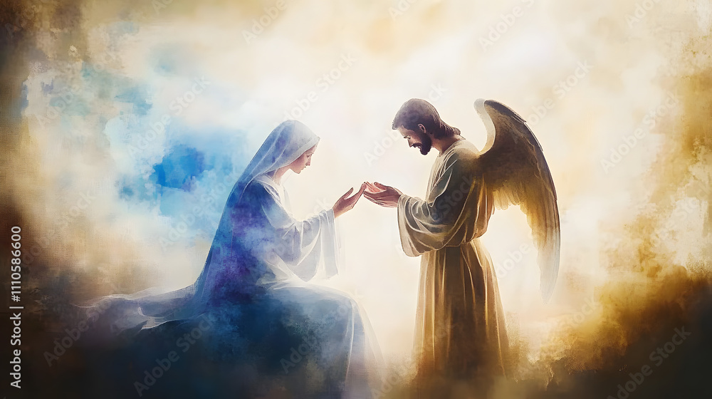 Annunciation. Angel Gabriel announcing to Mary that she will conceive ...