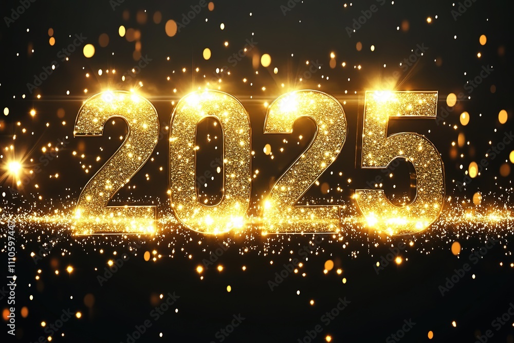falling confetti rain and spotlights on metallic golden 2025 on ...