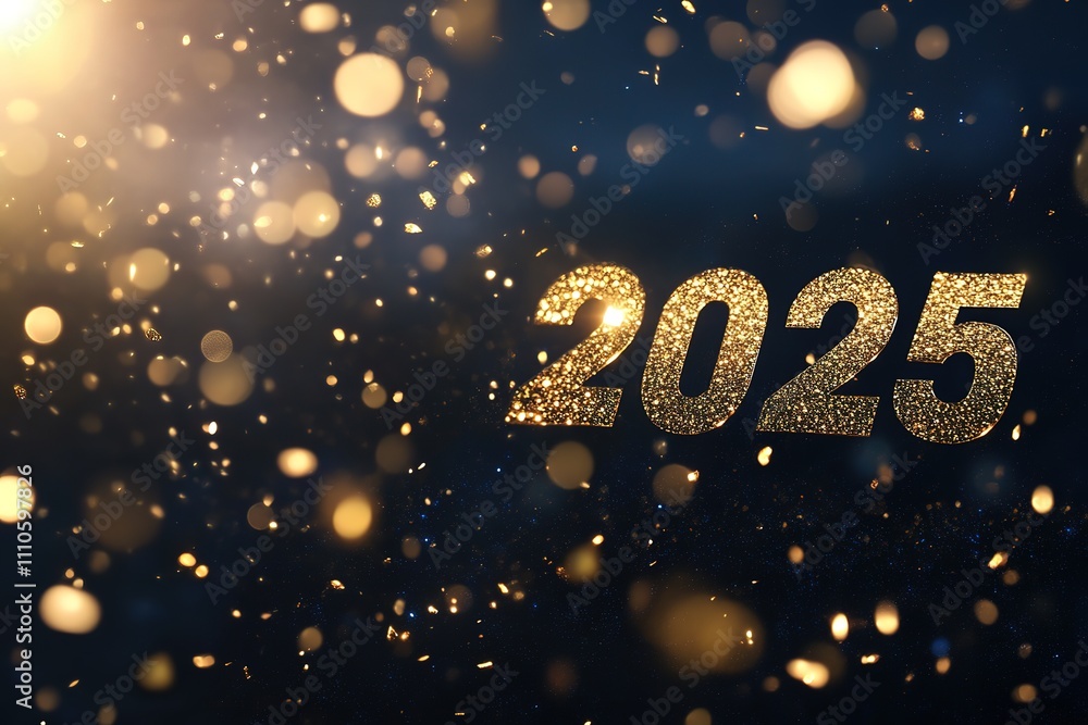 falling confetti rain and spotlights on metallic golden 2025 on ...