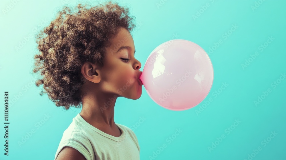 Child blowing a pink bubble gum balloon against a blue background ...