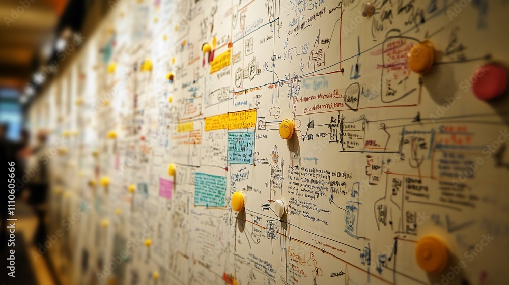 Wall covered in brainstorming notes and diagrams. Stock Illustration ...