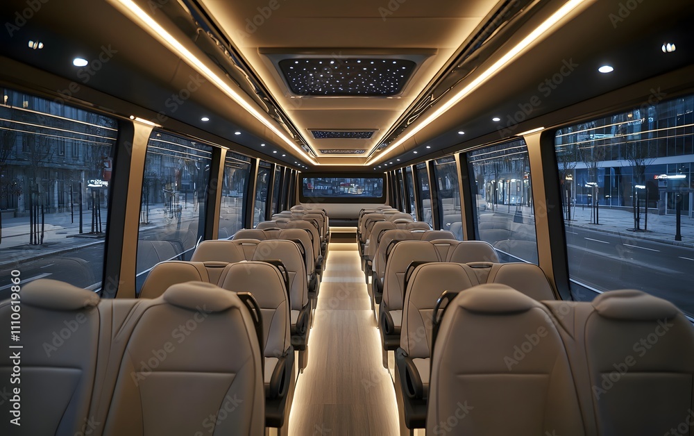 Minimalist luxury bus interior with refined finishes and spacious ...