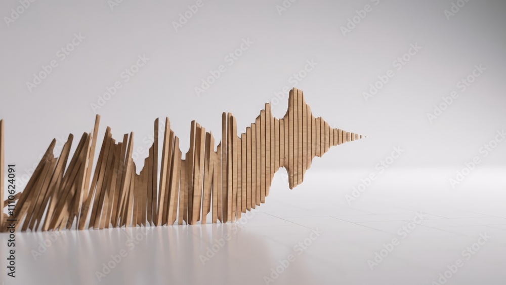 Wooden planks forming a sound wave are standing on a white floor and ...