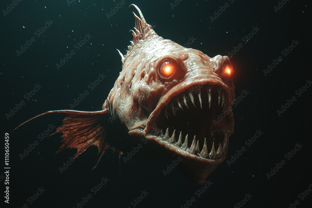 Alien-like deep-sea anglerfish with a glowing lure, swimming in the ...