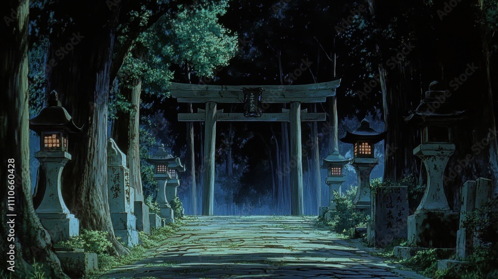 Japanese shrine entrance with a Torii gate, ancient stone lanterns, and ...