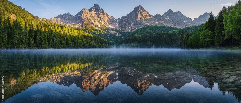 Crystal Clear Mountain Lake At Sunrise Reflecting The Towering Peaks