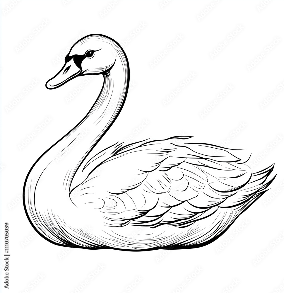 line art drawing of a swan, a simple children's coloring book page ...