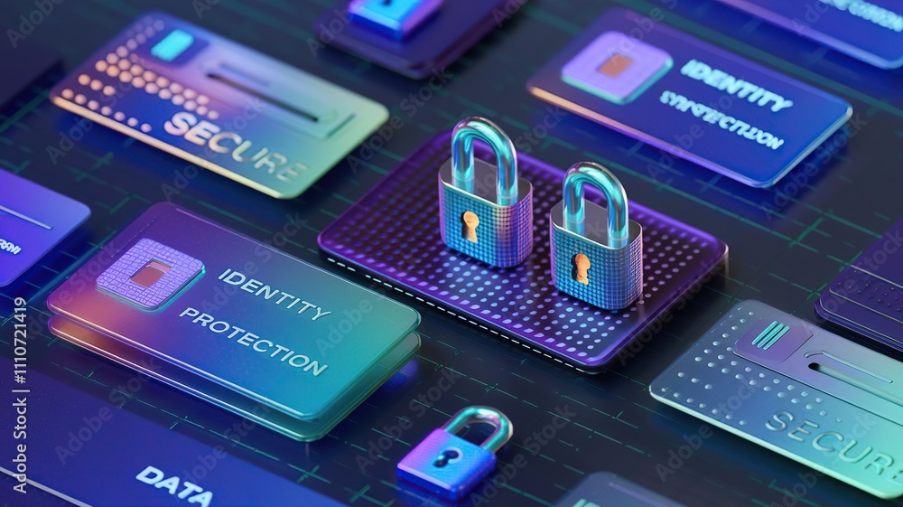 here are holographic ID cards, padlocks, and secure data visuals on a ...