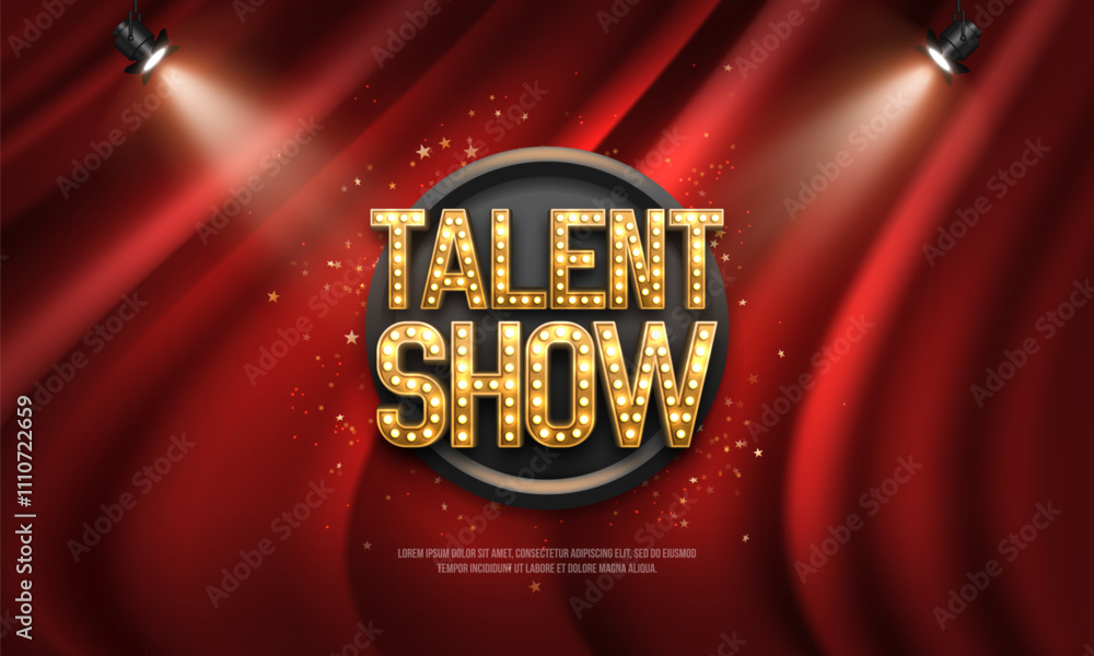 Bright Talent Show sign on red curtain background illuminated by ...