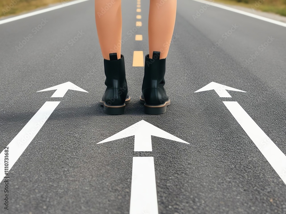 2025 Female foots in black boots standing on road with arrow markings ...