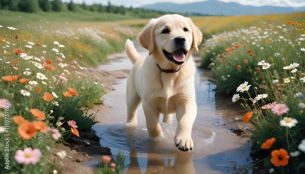 Fluffy golden Labrador puppy splashing in a shallow puddle, surrounded ...