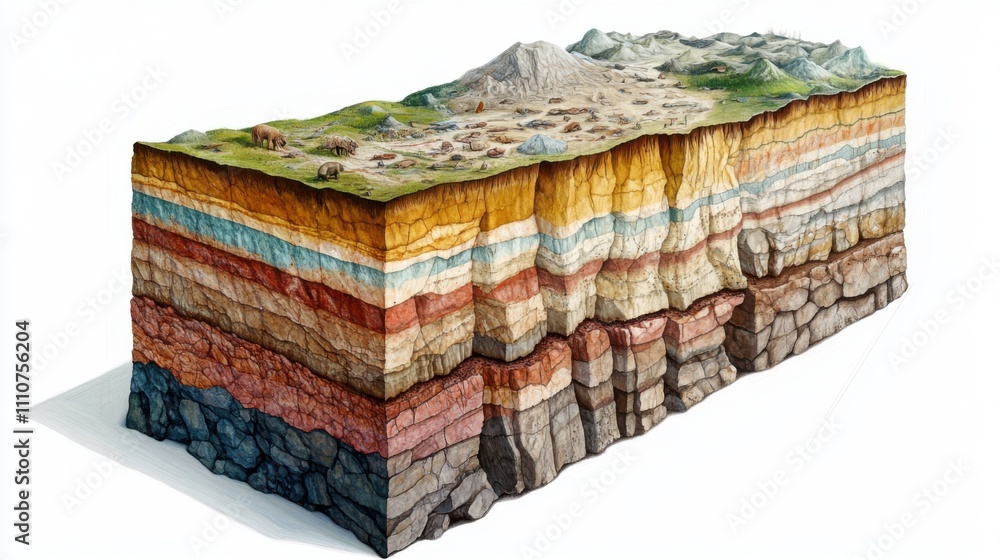 Geological layers display diverse terrain featuring mountains, forests ...